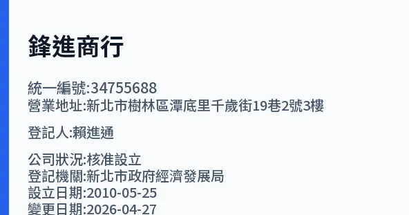 鋒進商行的照片-統編 34755688(新北市) 公司登記資料與營業項目詳細圖表
