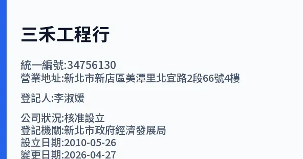 三禾工程行的照片-統編 34756130(新北市) 公司登記資料與營業項目詳細圖表