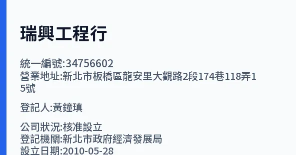 瑞興工程行的照片-統編 34756602(新北市) 公司登記資料與營業項目詳細圖表