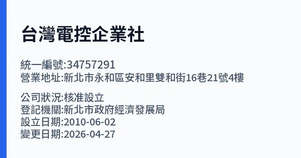 台灣電控企業社的照片-統編 34757291(新北市) 公司登記資料與營業項目詳細圖表