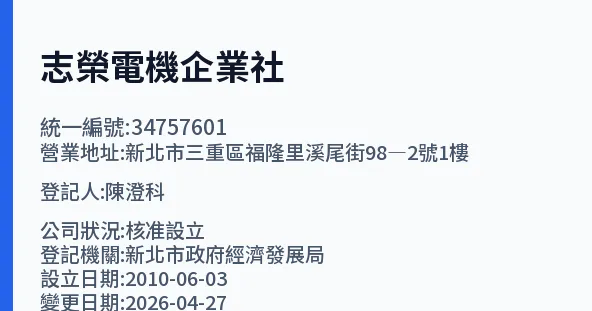 志榮電機企業社的照片-統編 34757601(新北市) 公司登記資料與營業項目詳細圖表