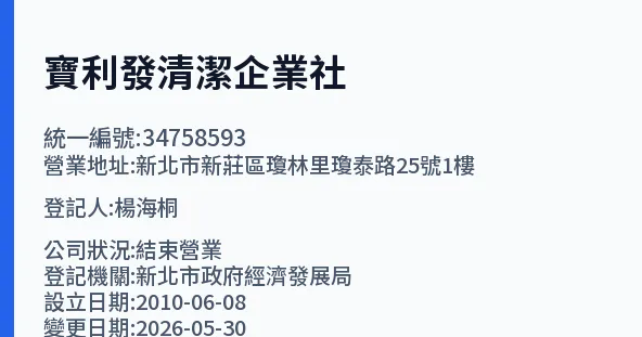 寶利發清潔企業社的照片-統編 34758593(新北市) 公司登記資料與營業項目詳細圖表