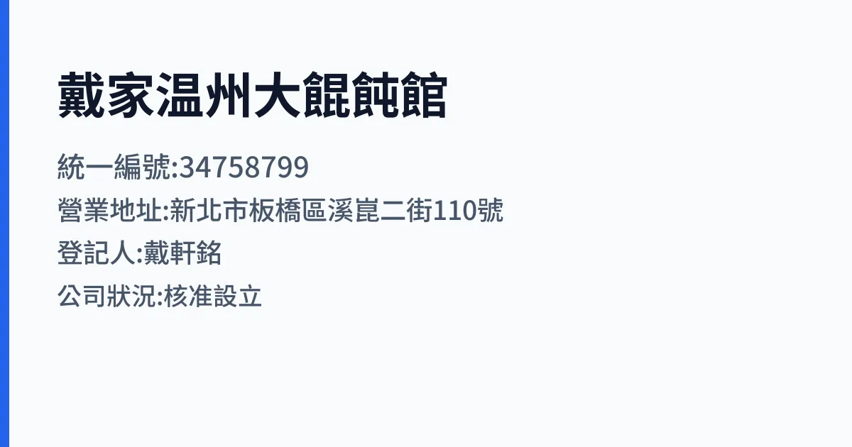 戴家温州大餛飩館 - 統編 34758799(新北市) 公司登記資料與營業項目詳細圖表