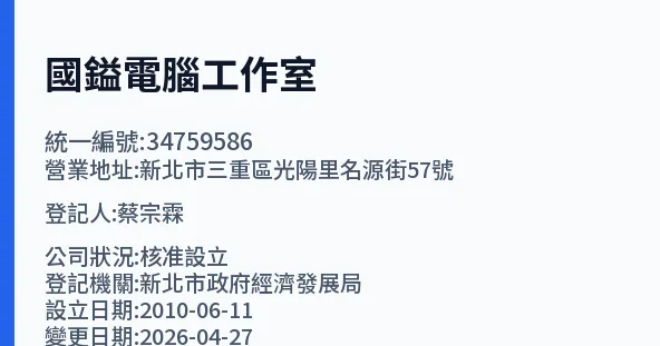 國鎰電腦工作室的照片-統編 34759586(新北市) 公司登記資料與營業項目詳細圖表