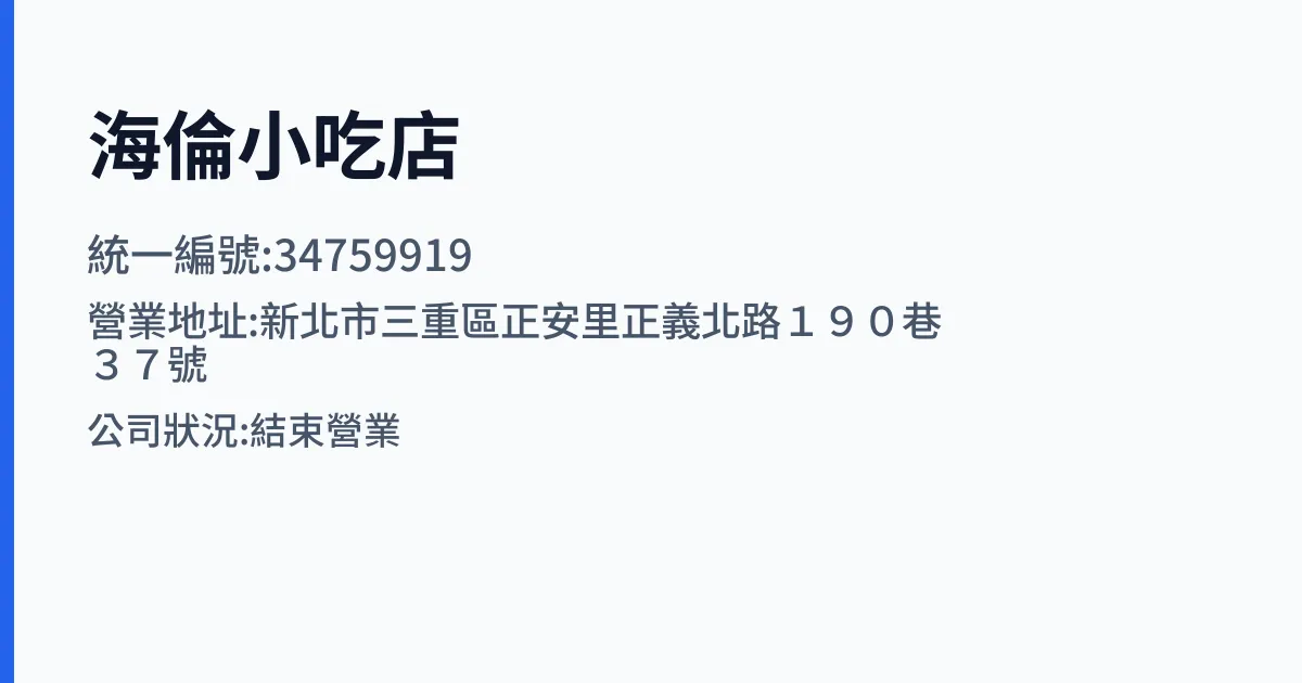 海倫小吃店 - 統編 34759919(新北市) 公司登記資料與營業項目詳細圖表