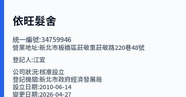 依旺髮舍的照片-統編 34759946(新北市) 公司登記資料與營業項目詳細圖表