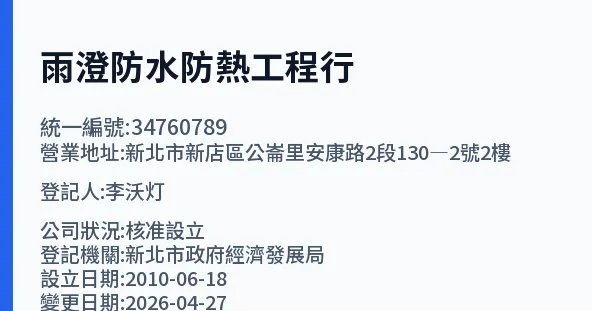 雨澄防水防熱工程行的照片-統編 34760789(新北市) 公司登記資料與營業項目詳細圖表