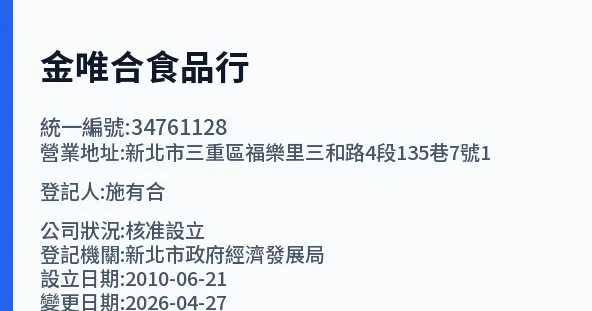 金唯合食品行的照片-統編 34761128(新北市) 公司登記資料與營業項目詳細圖表