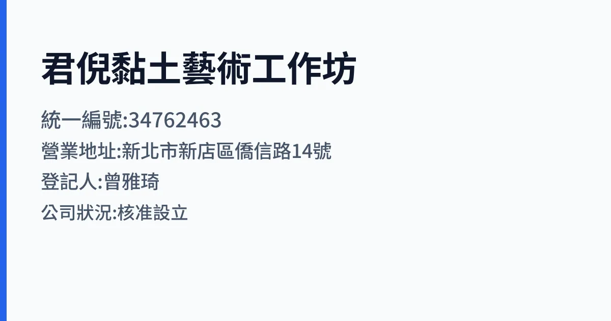 君倪黏土藝術工作坊 - 統編 34762463(新北市) 公司登記資料與營業項目詳細圖表