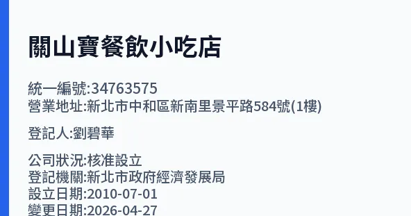 關山寶餐飲小吃店的照片-統編 34763575(新北市) 公司登記資料與營業項目詳細圖表