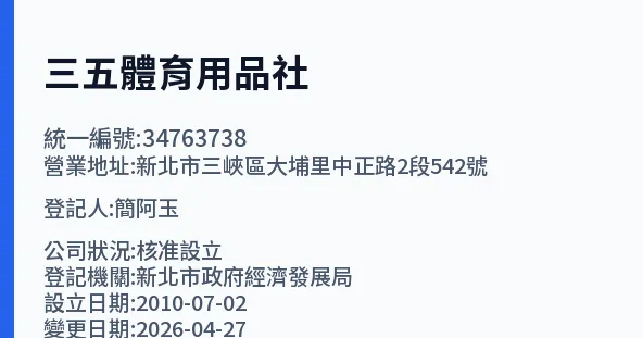 三五體育用品社的照片-統編 34763738(新北市) 公司登記資料與營業項目詳細圖表
