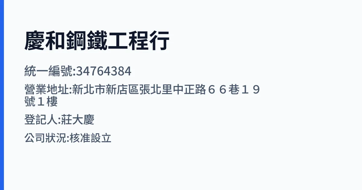 慶和鋼鐵工程行 - 統編 34764384(新北市) 公司登記資料與營業項目詳細圖表