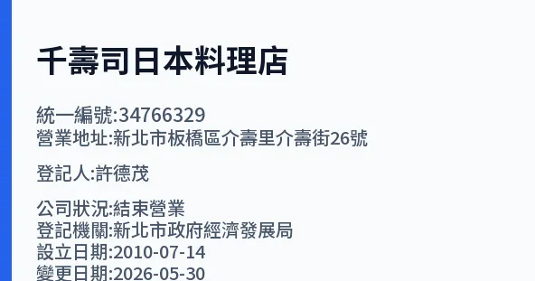 千壽司日本料理店的照片-統編 34766329(新北市) 公司登記資料與營業項目詳細圖表