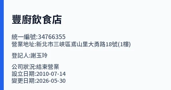 豐廚飲食店的照片-統編 34766355(新北市) 公司登記資料與營業項目詳細圖表