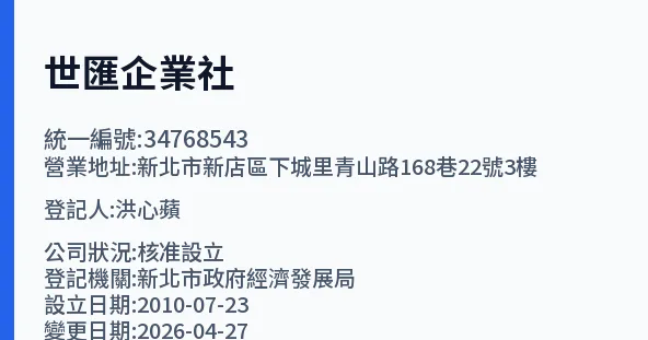 世匯企業社的照片-統編 34768543(新北市) 公司登記資料與營業項目詳細圖表