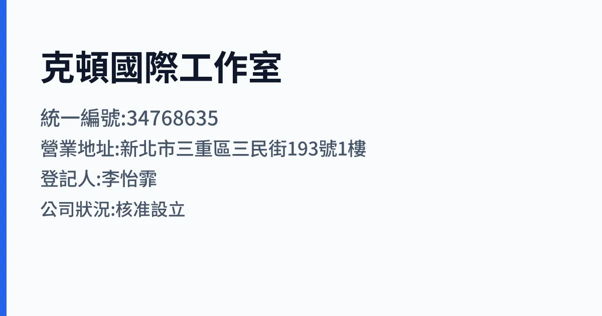 克頓國際工作室 - 統編 34768635(新北市) 公司登記資料與營業項目詳細圖表