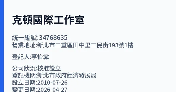 克頓國際工作室的照片-統編 34768635(新北市) 公司登記資料與營業項目詳細圖表