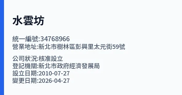 水雲坊的照片-統編 34768966(新北市) 公司登記資料與營業項目詳細圖表