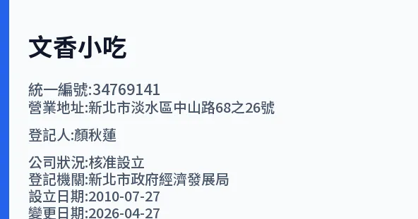 文香小吃的照片-統編 34769141(新北市) 公司登記資料與營業項目詳細圖表