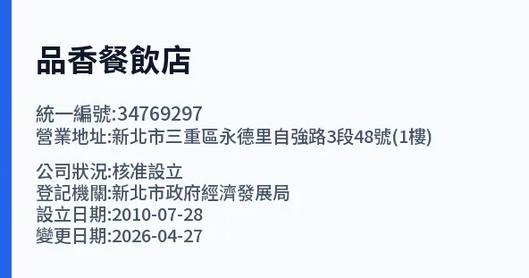 品香餐飲店的照片-統編 34769297(新北市) 公司登記資料與營業項目詳細圖表