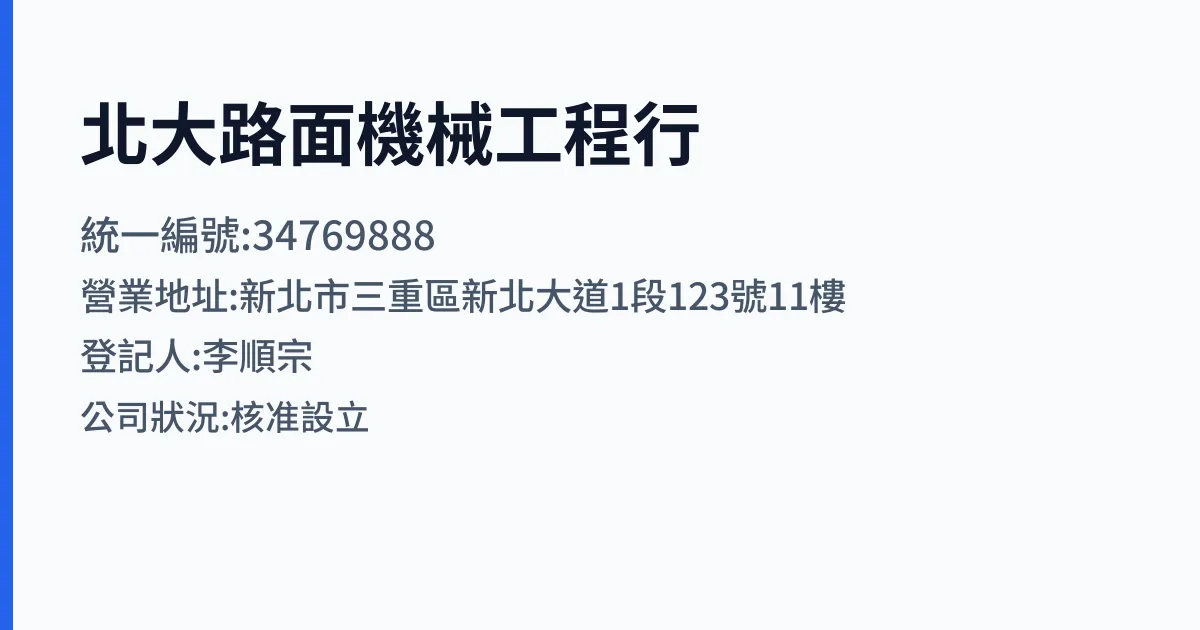 北大路面機械工程行 - 統編 34769888(新北市) 公司登記資料與營業項目詳細圖表