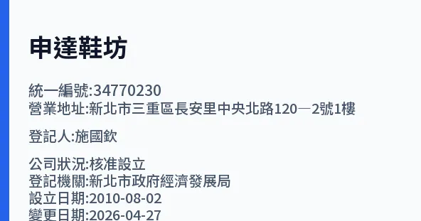 申達鞋坊的照片-統編 34770230(新北市) 公司登記資料與營業項目詳細圖表