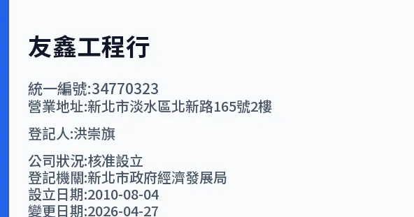 友鑫工程行的照片-統編 34770323(新北市) 公司登記資料與營業項目詳細圖表