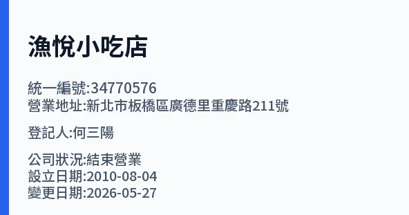 漁悅小吃店的照片-統編 34770576(新北市) 公司登記資料與營業項目詳細圖表