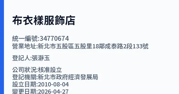布衣樣服飾店的照片-統編 34770674(新北市) 公司登記資料與營業項目詳細圖表