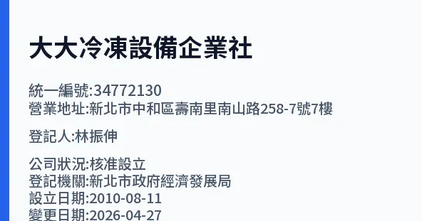 大大冷凍設備企業社的照片-統編 34772130(新北市) 公司登記資料與營業項目詳細圖表