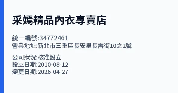 采嫣精品內衣專賣店的照片-統編 34772461(新北市) 公司登記資料與營業項目詳細圖表