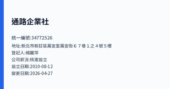 通路企業社的照片-統編 34772526(新北市) 公司登記資料與營業項目詳細圖表