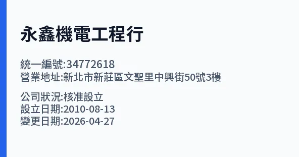 永鑫機電工程行的照片-統編 34772618(新北市) 公司登記資料與營業項目詳細圖表