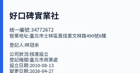 好口碑實業社的照片-統編 34772672(臺北市) 公司登記資料與營業項目詳細圖表
