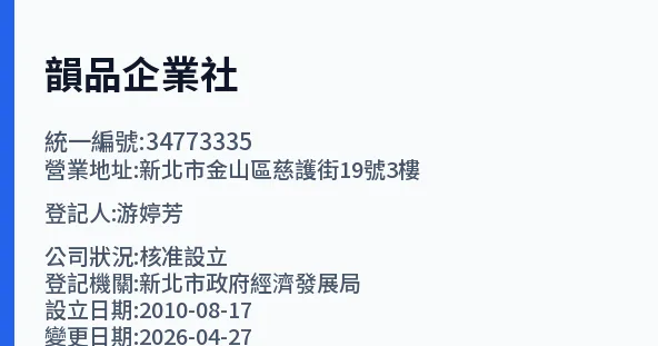 韻品企業社的照片-統編 34773335(新北市) 公司登記資料與營業項目詳細圖表