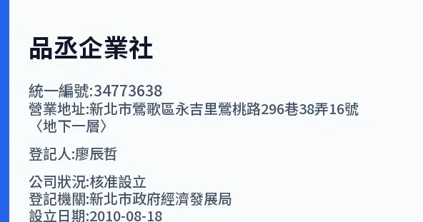 品丞企業社的照片-統編 34773638(新北市) 公司登記資料與營業項目詳細圖表
