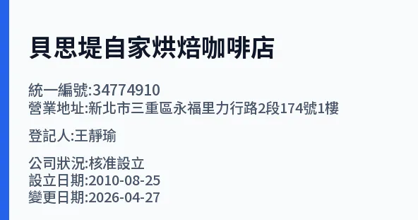 貝思堤自家烘焙咖啡店的照片-統編 34774910(新北市) 公司登記資料與營業項目詳細圖表