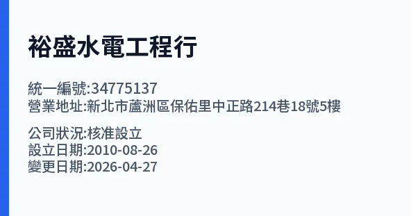 裕盛水電工程行的照片-統編 34775137(新北市) 公司登記資料與營業項目詳細圖表