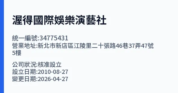 渥得國際娛樂演藝社的照片-統編 34775431(新北市) 公司登記資料與營業項目詳細圖表
