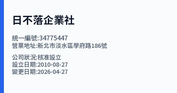 日不落企業社的照片-統編 34775447(新北市) 公司登記資料與營業項目詳細圖表