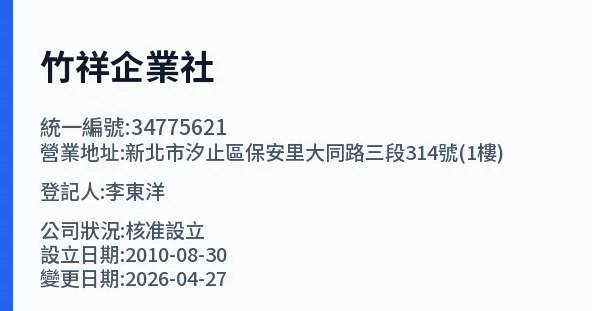 竹祥企業社的照片-統編 34775621(新北市) 公司登記資料與營業項目詳細圖表