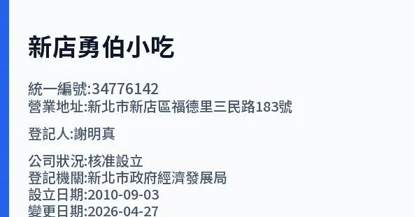 新店勇伯小吃的照片-統編 34776142(新北市) 公司登記資料與營業項目詳細圖表