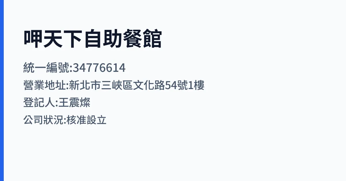 呷天下自助餐館 - 統編 34776614(新北市) 公司登記資料與營業項目詳細圖表