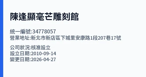陳逢顯毫芒雕刻館的照片-統編 34778057(新北市) 公司登記資料與營業項目詳細圖表