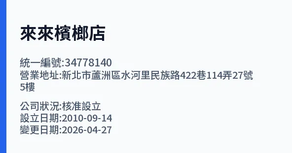 來來檳榔店的照片-統編 34778140(新北市) 公司登記資料與營業項目詳細圖表