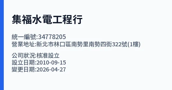 集福水電工程行的照片-統編 34778205(新北市) 公司登記資料與營業項目詳細圖表