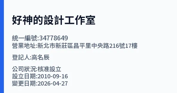 好神的設計工作室的照片-統編 34778649(新北市) 公司登記資料與營業項目詳細圖表