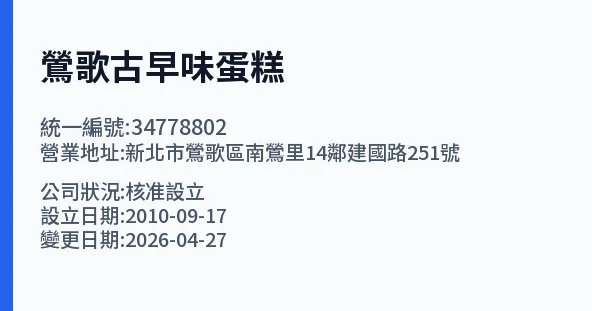 鶯歌古早味蛋糕的照片-統編 34778802(新北市) 公司登記資料與營業項目詳細圖表