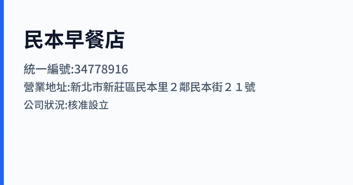 民本早餐店 - 統編 34778916(新北市) 公司登記資料與營業項目詳細圖表