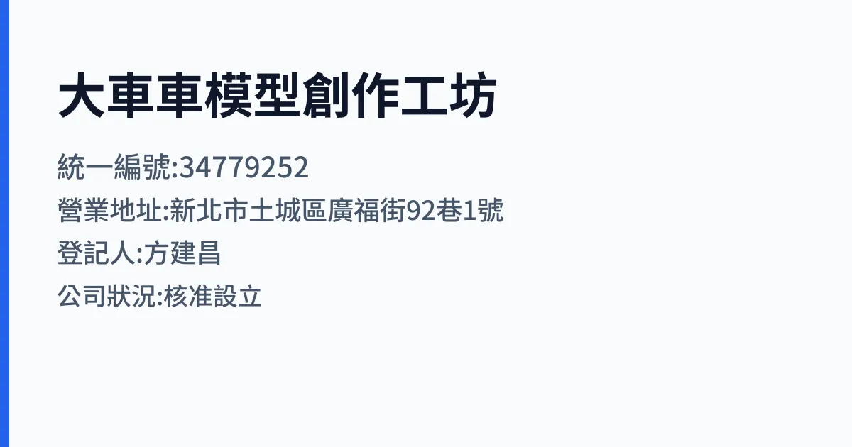 大車車模型創作工坊 - 統編 34779252（新北市） 公司登記資料與營業項目詳細圖表